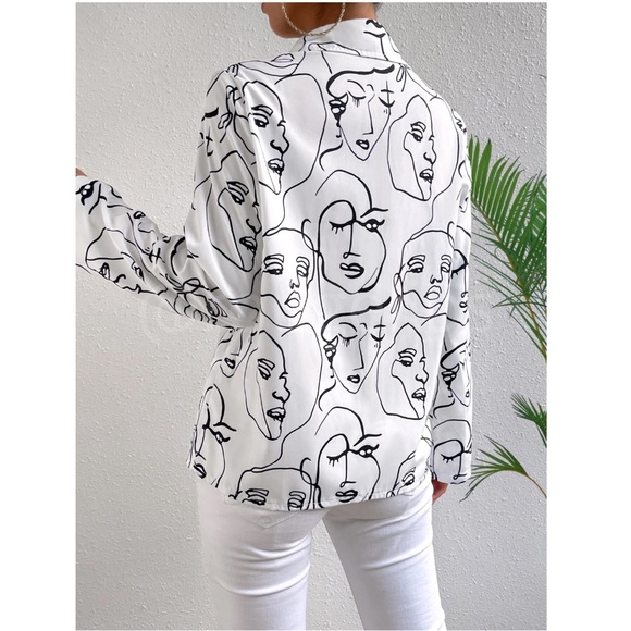 Rouge! | Tops | Abstract Face Print White Button Up Down Shirt Chest ...